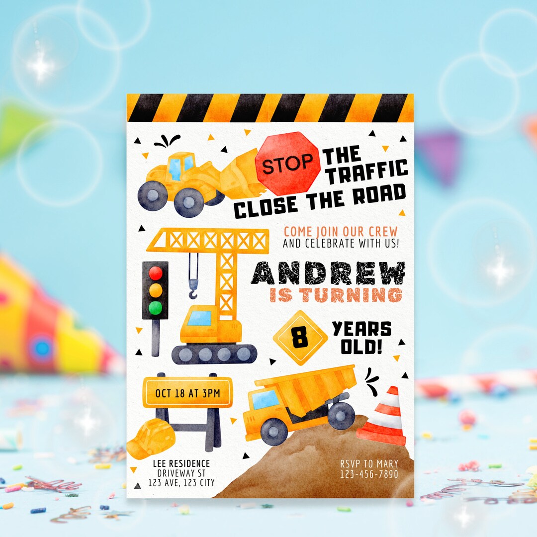Construction Birthday Invitation Excavator Party Invite Printable ...