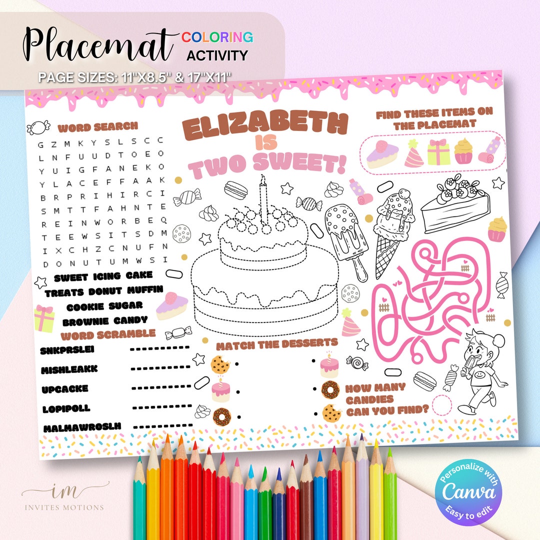 Birthday Coloring Page Placemat, Sweets Party Mat, Editable Two Sweet ...