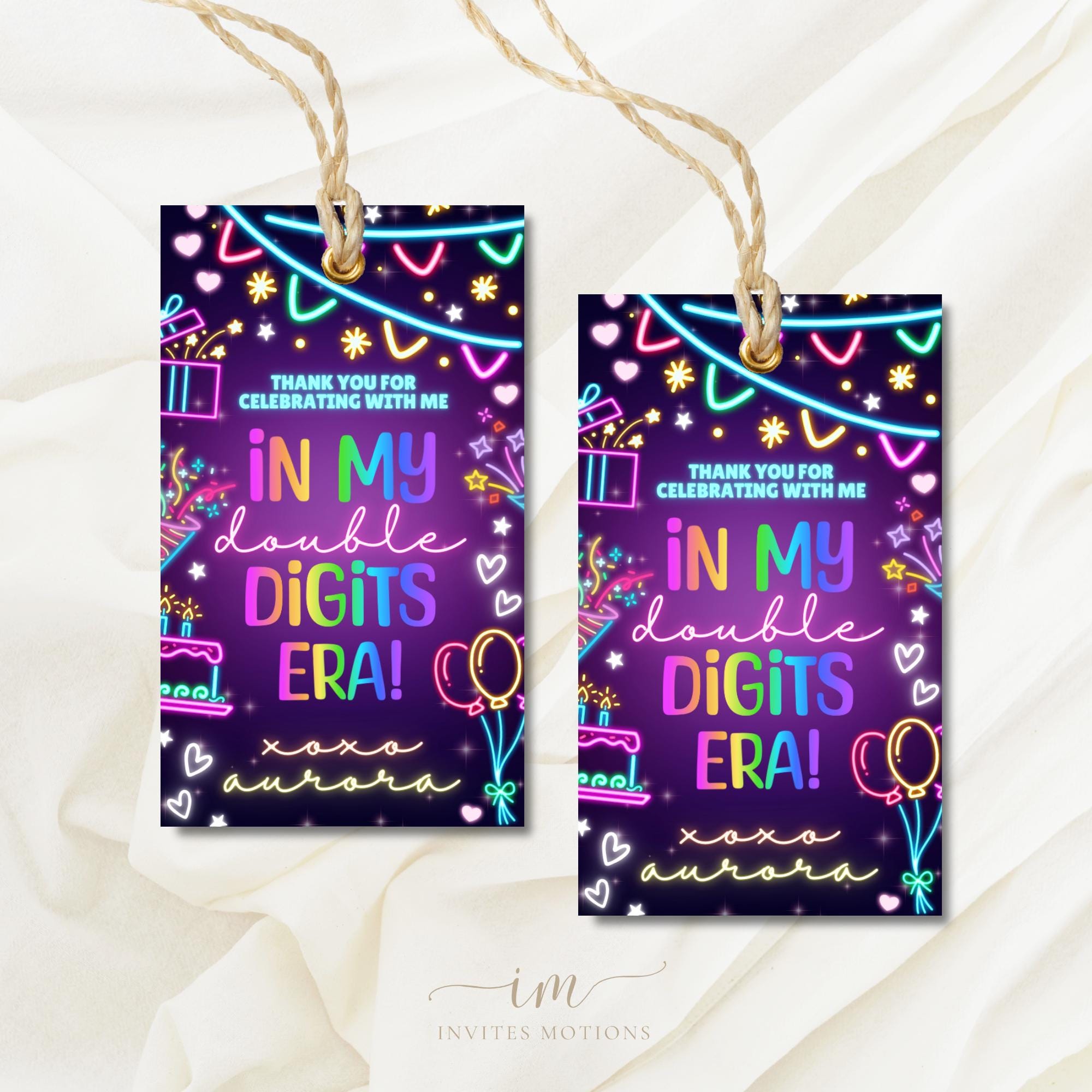 Neon 10th Birthday Party Tag, Double Digits Thank You Tag, in My Double ...