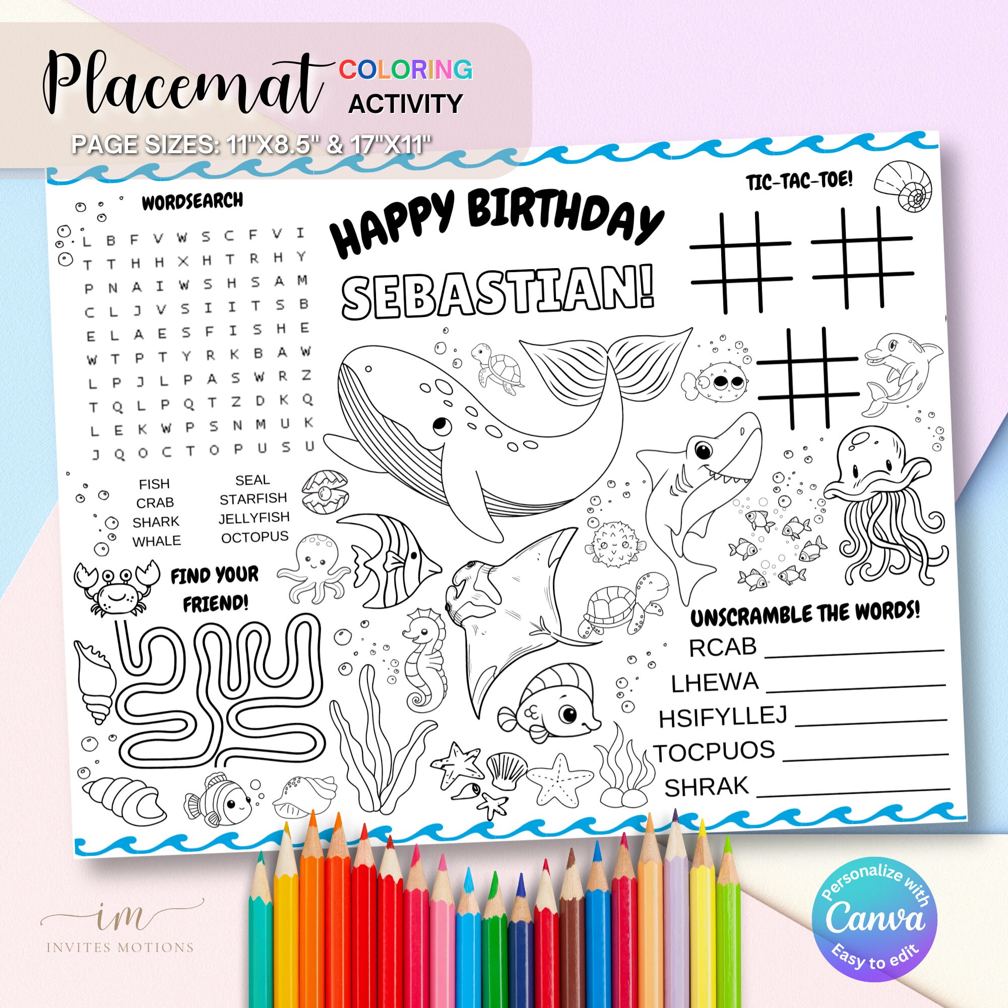 Under the Sea Coloring Placemat Party Children Activity Sea Creatures ...