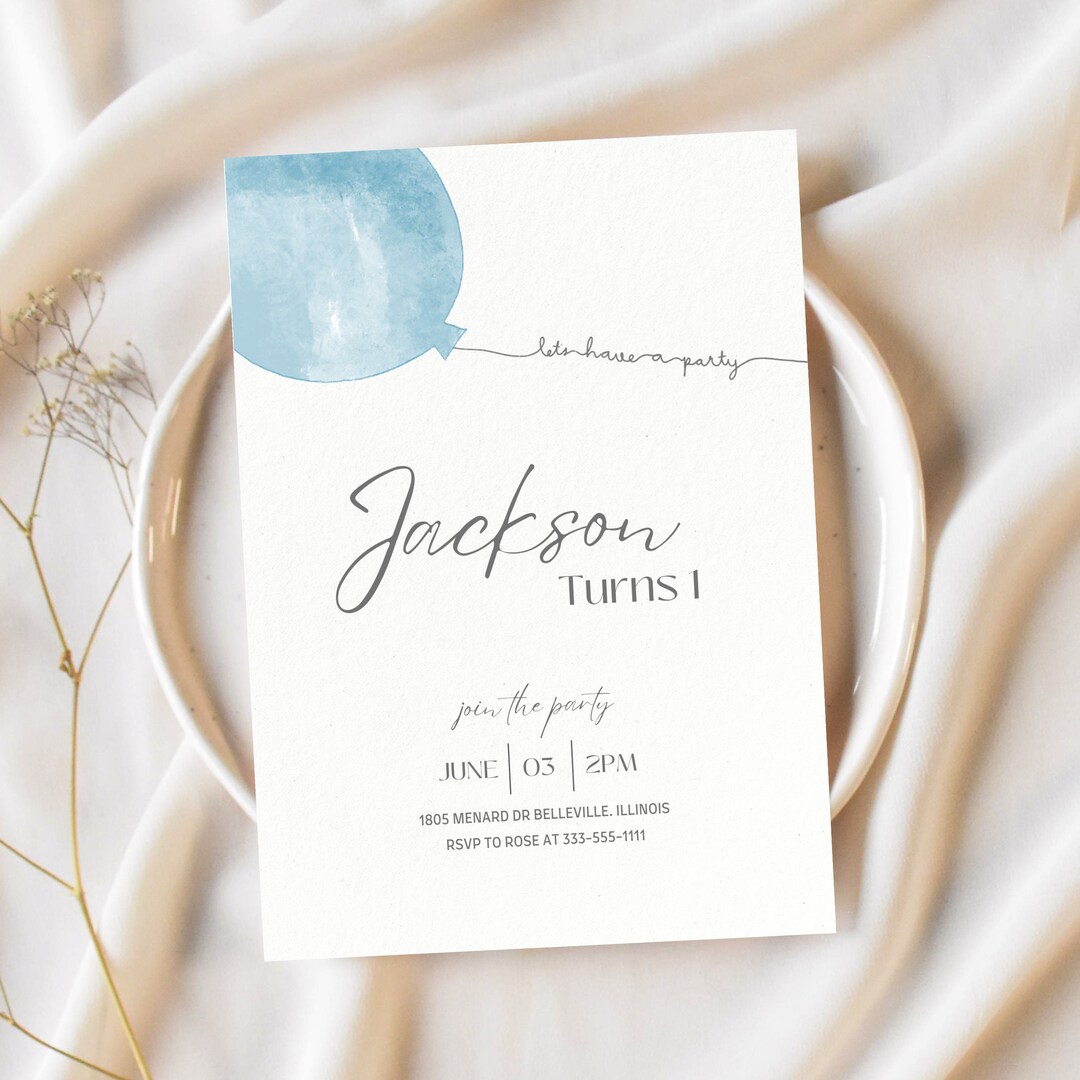 Boy First Birthday Invitation Template for Blue Balloon Invite Minimal ...