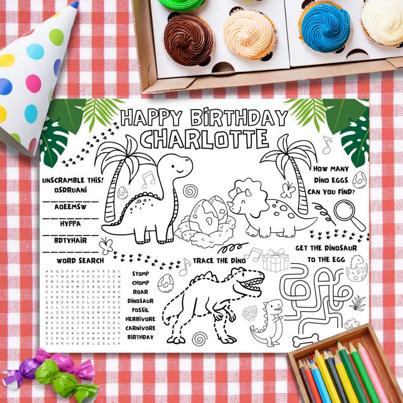 Dinosaur Birthday Coloring Placemat Party Children Activity Dinosaur ...