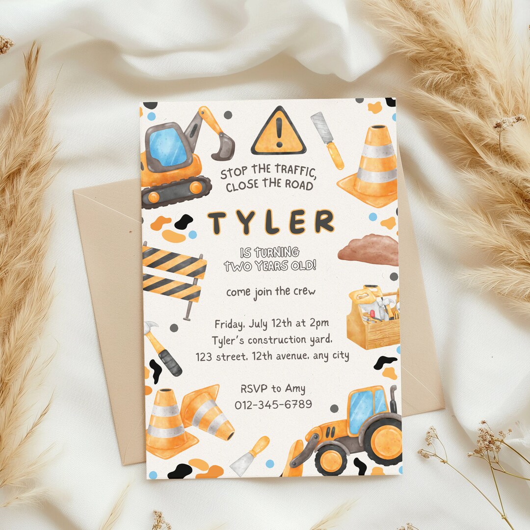 Construction Birthday Invitation Excavator Party Invite Printable ...