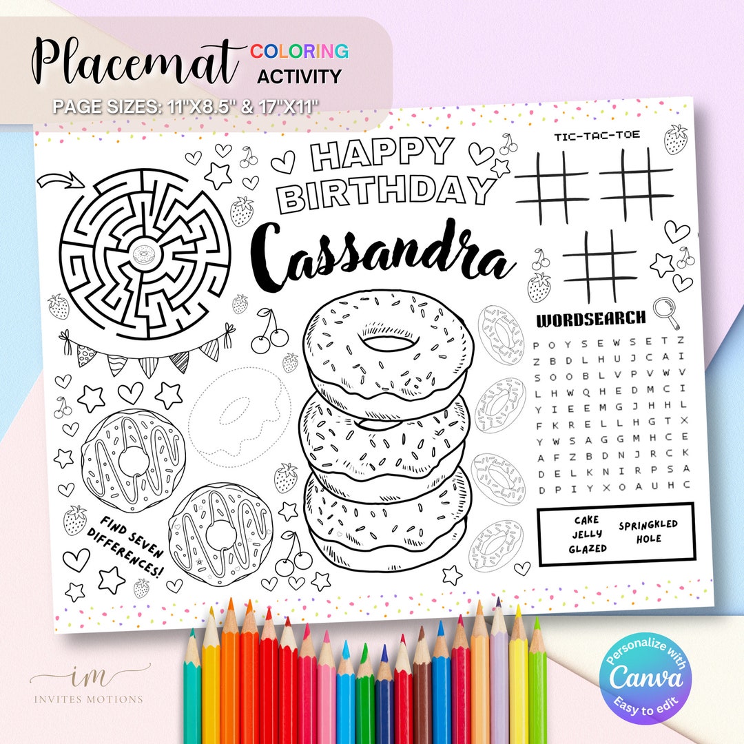 Donut Birthday Coloring Placemat Party Games Children Activity Donuts ...