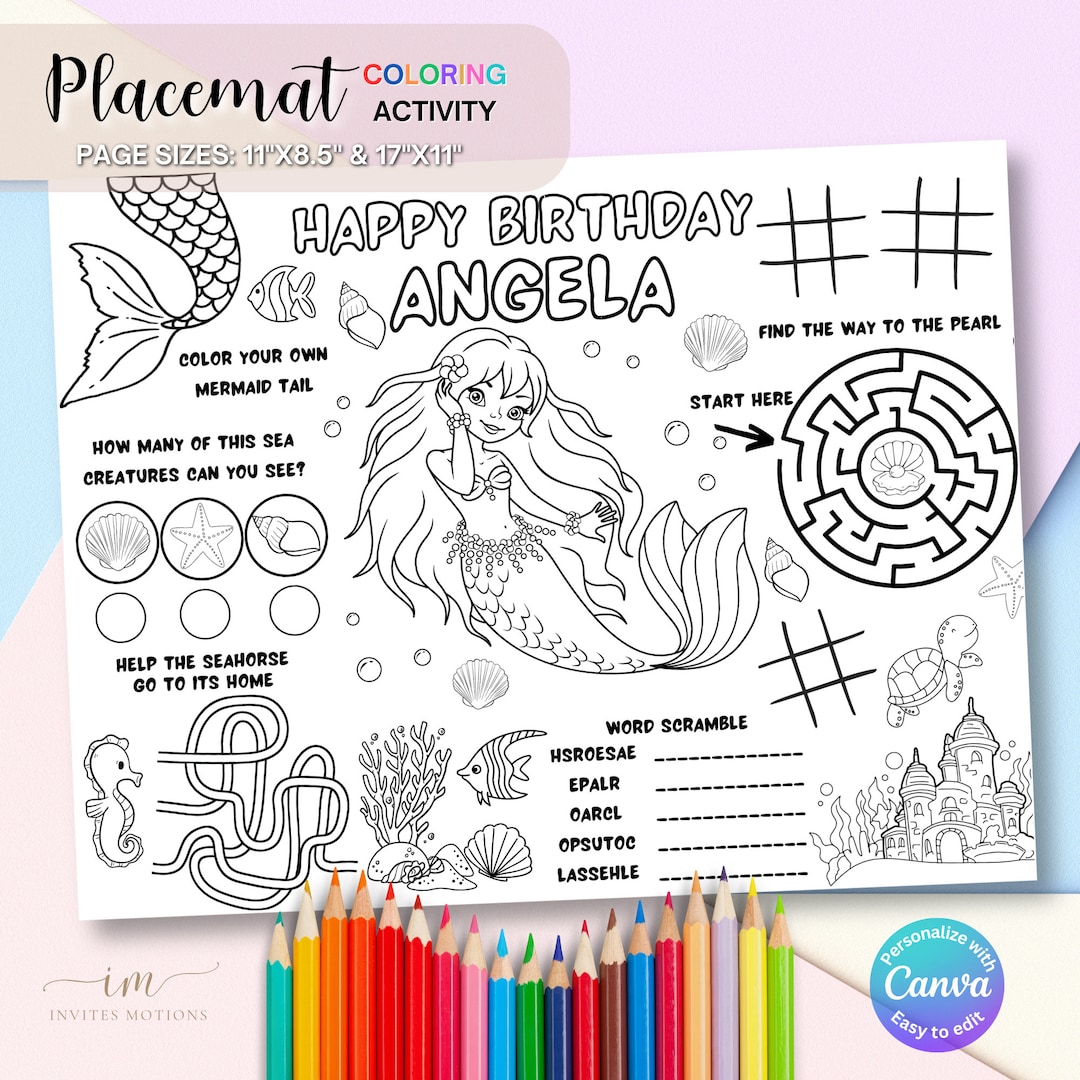 Mermaid Birthday Coloring Placemat Party Games Children Activity ...