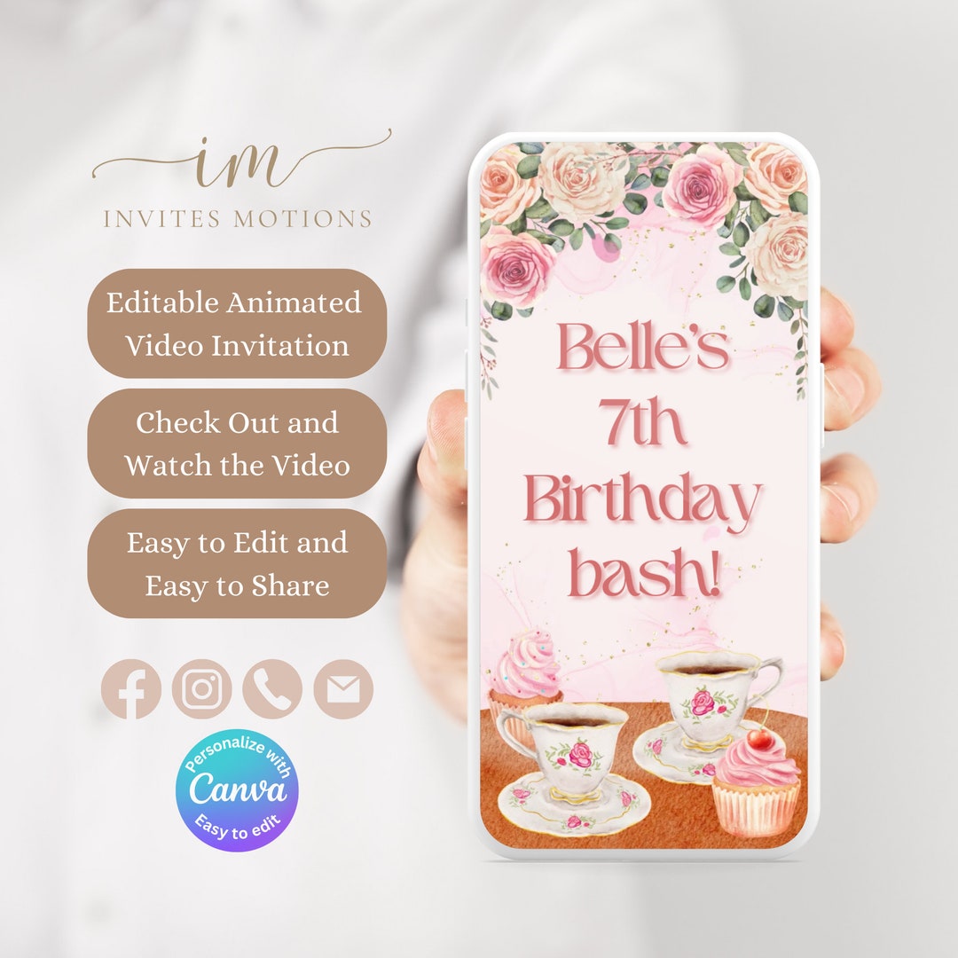 Tea Party Birthday Video Invitation Editable Afternoon Tea Text Message ...