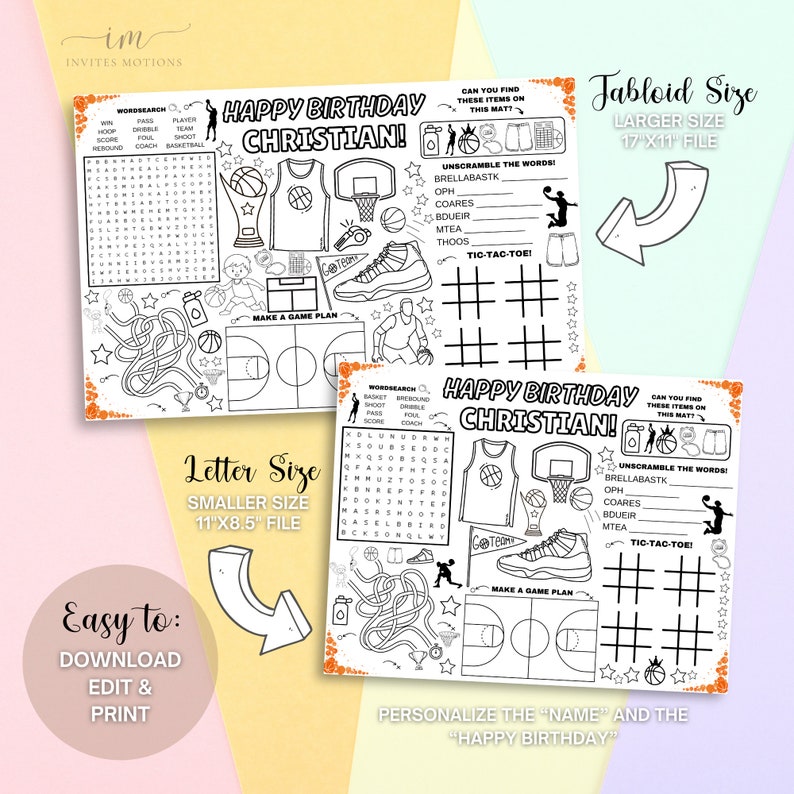 Basketball Birthday Coloring Placemat Party Children Activity ...