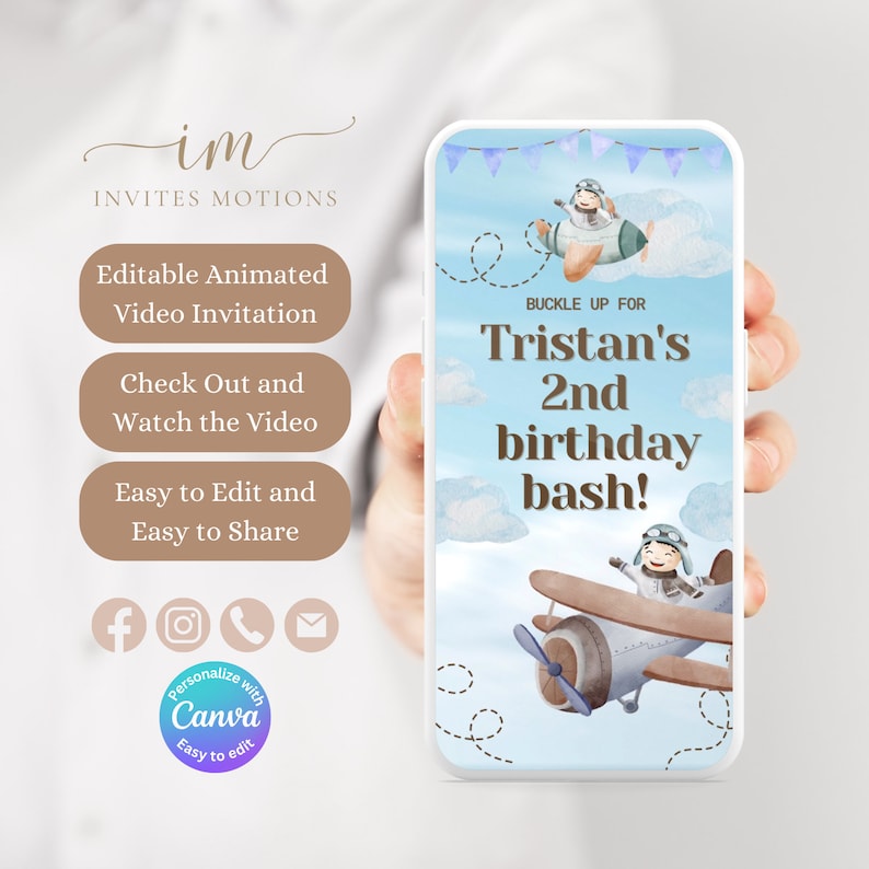 Airplane Birthday Video Invitation Editable Pilot Aircraft Text Message ...