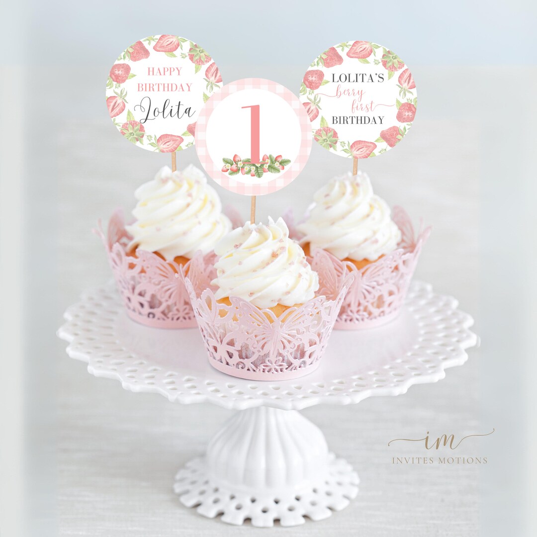 Editable Berry First Cupcake Toppers Template for Strawberry Printable ...