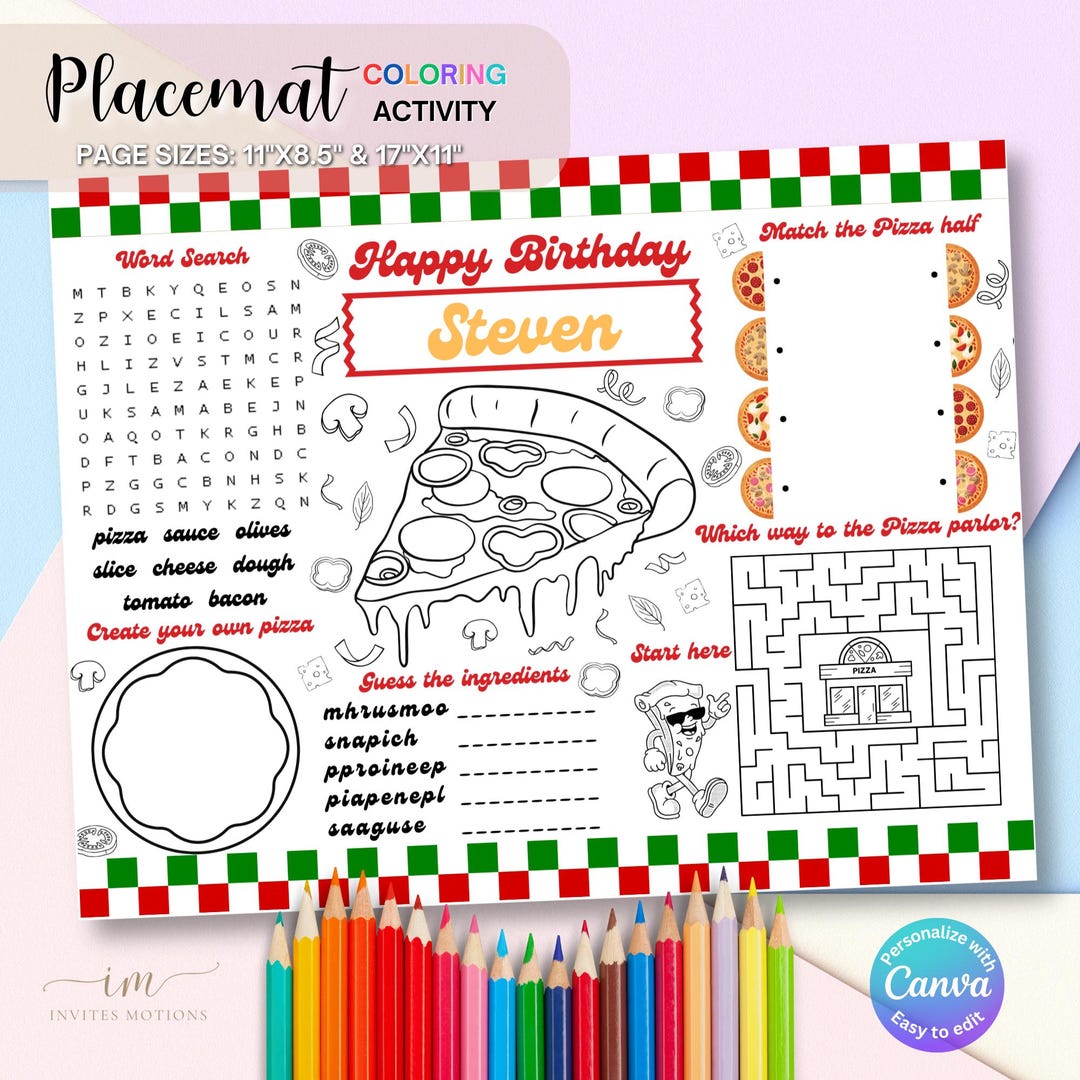 Pizza Party Coloring Page Placemat, Pizza Party Mat, Editable Pizza ...