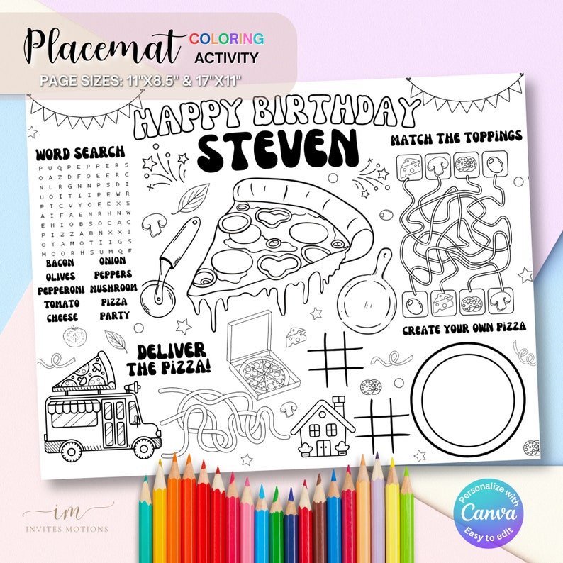 Pizza Birthday Coloring Placemat Party Games Children Activity Pizzeria ...
