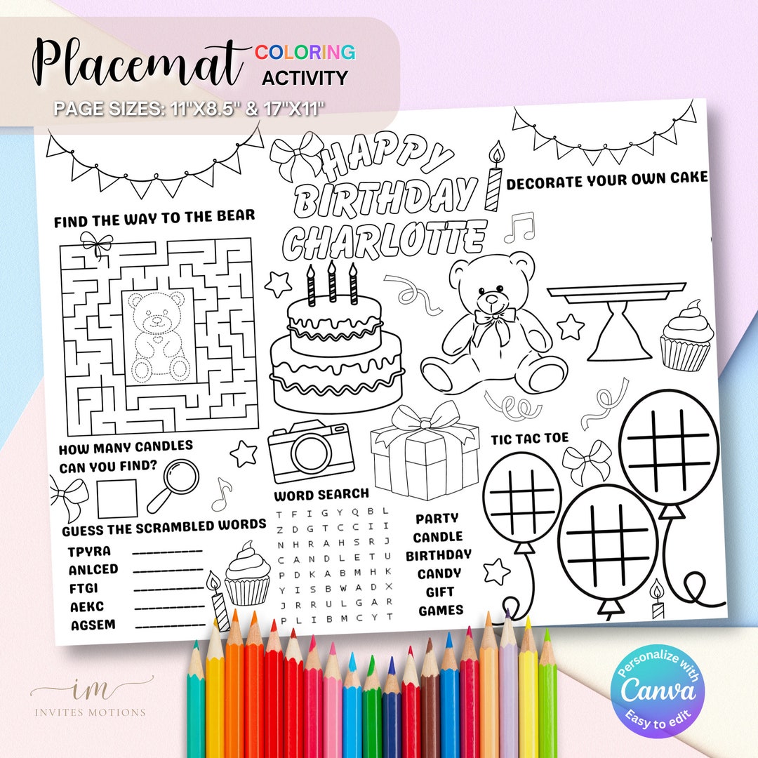 Birthday Cake Coloring Placemat Party Games Children Activity Birthday ...