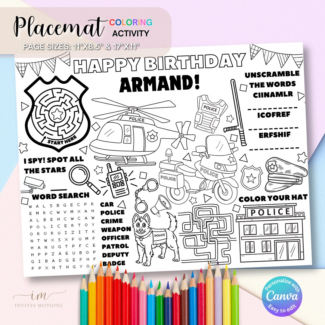 Police Officer Coloring Placemat Party Children Activity Policeman ...