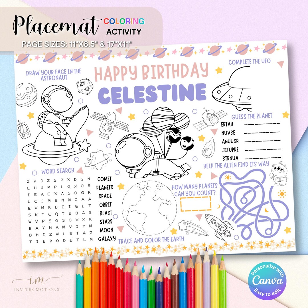 Outer Space Coloring Page Placemat, Astronaut Party Mat, Editable Outer ...