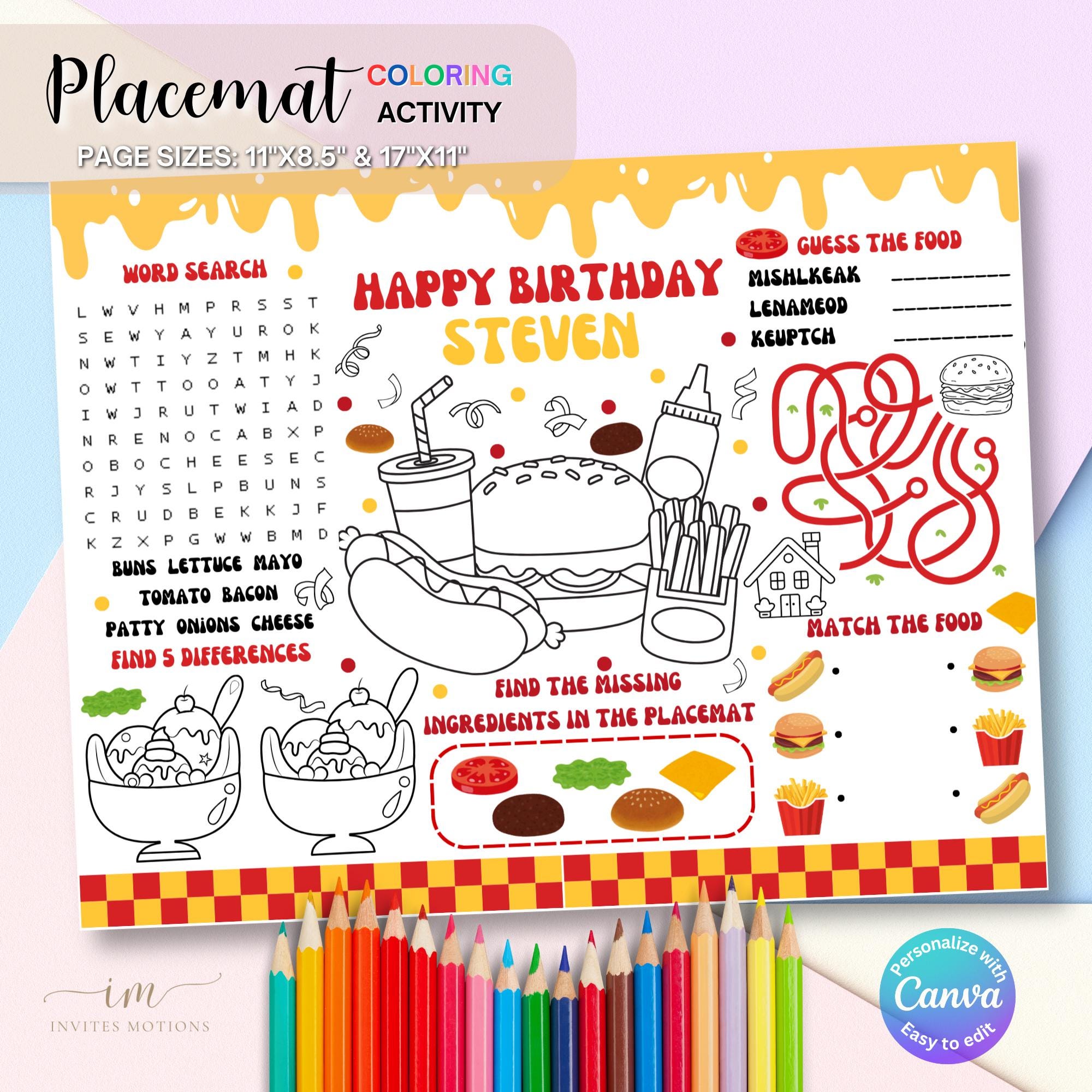 Burger Party Coloring Page Placemat, Burger Party Mat, Editable Burger ...