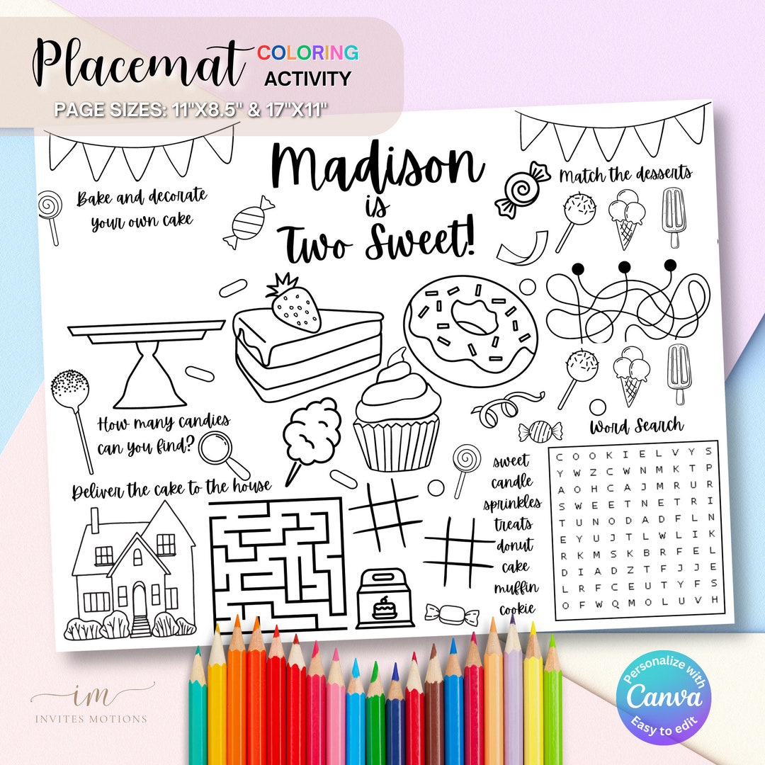 Sweets Birthday Coloring Placemat Party Games Children Activity Two ...