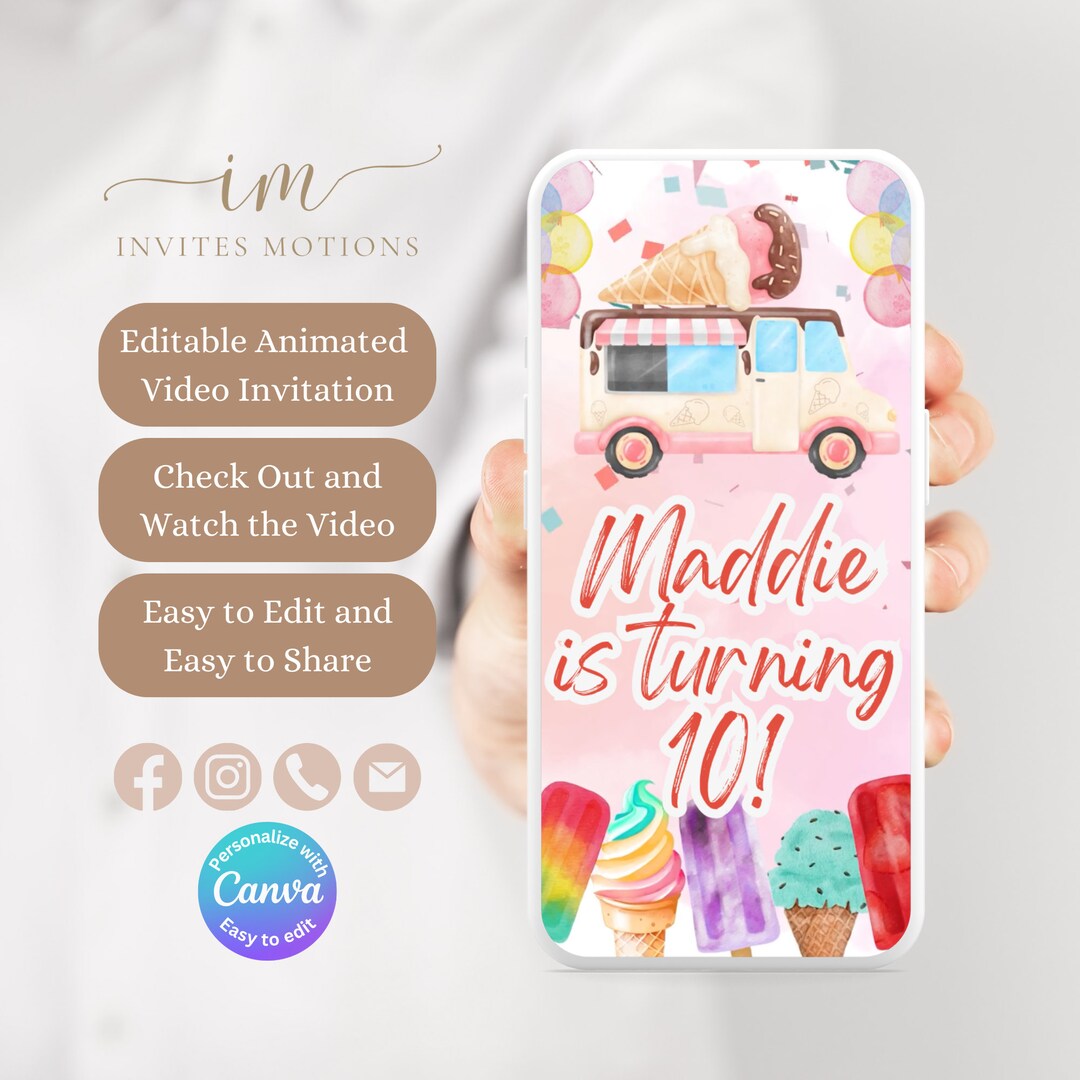 Pink Ice Cream Truck Birthday Invitation Editable Ice Cream Theme ...