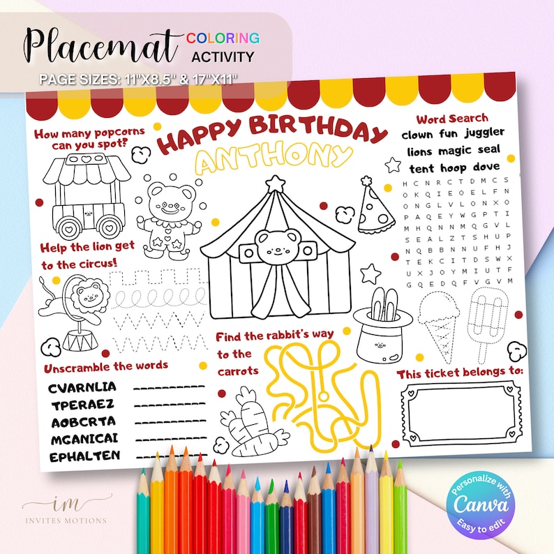 Editable Circus Birthday Coloring Placemat, Carnival Placemats Color ...