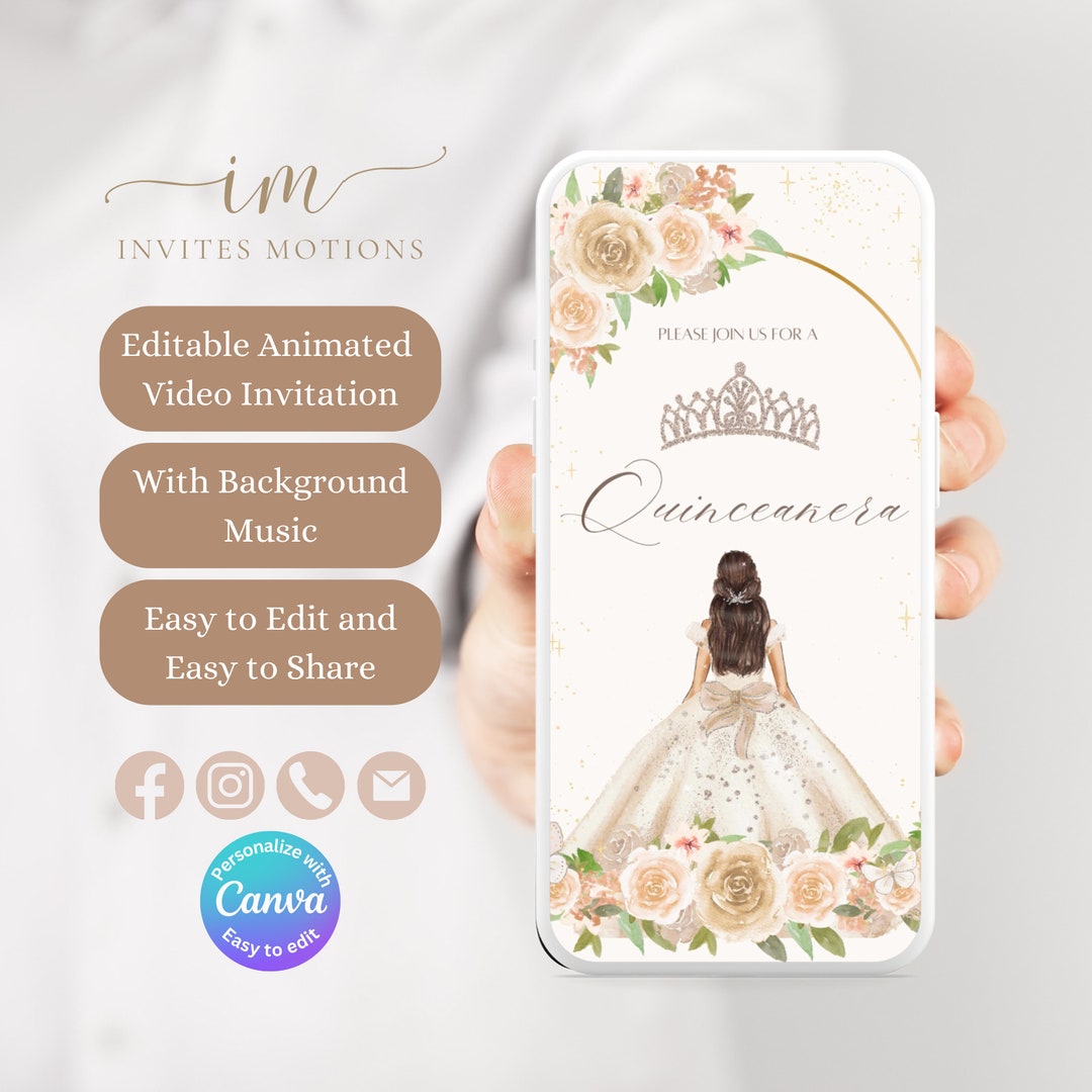 Editable Quinceanera Video Invitation Champagne Dress Evite for ...