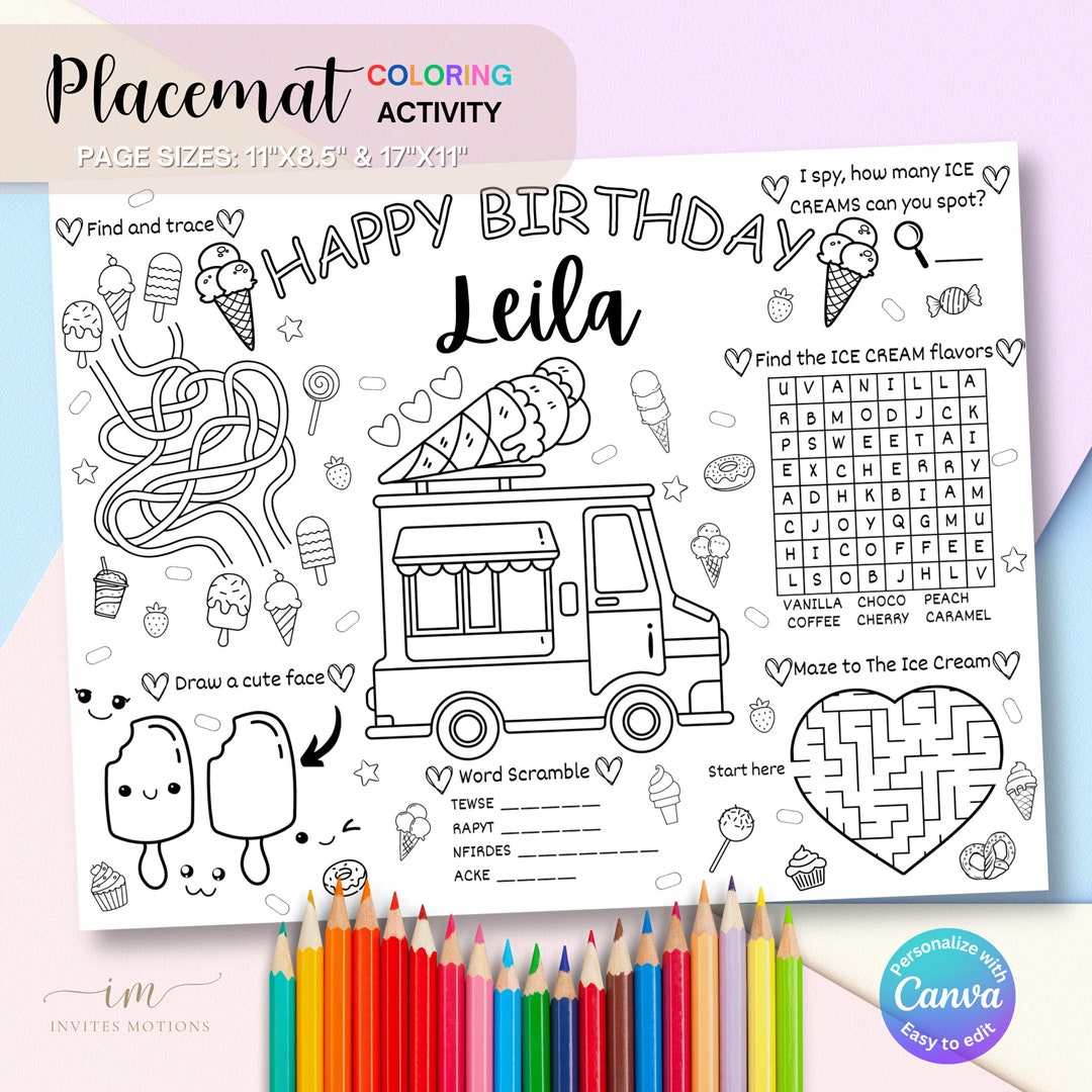 Editable Ice Cream Truck Birthday Coloring Placemat Party Games ...