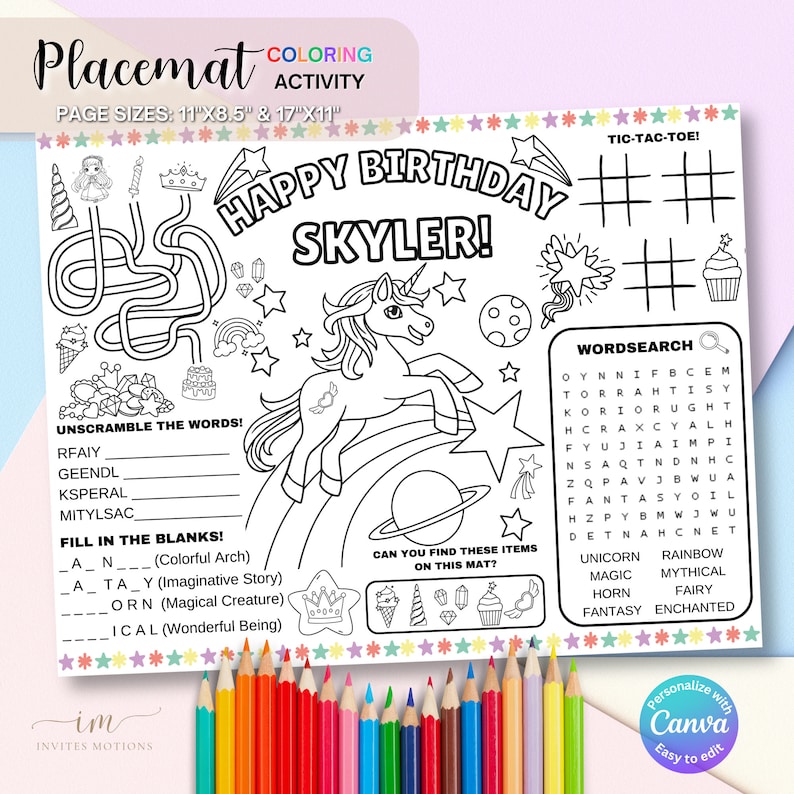 Unicorn Birthday Coloring Placemat Party Games Children Activity ...