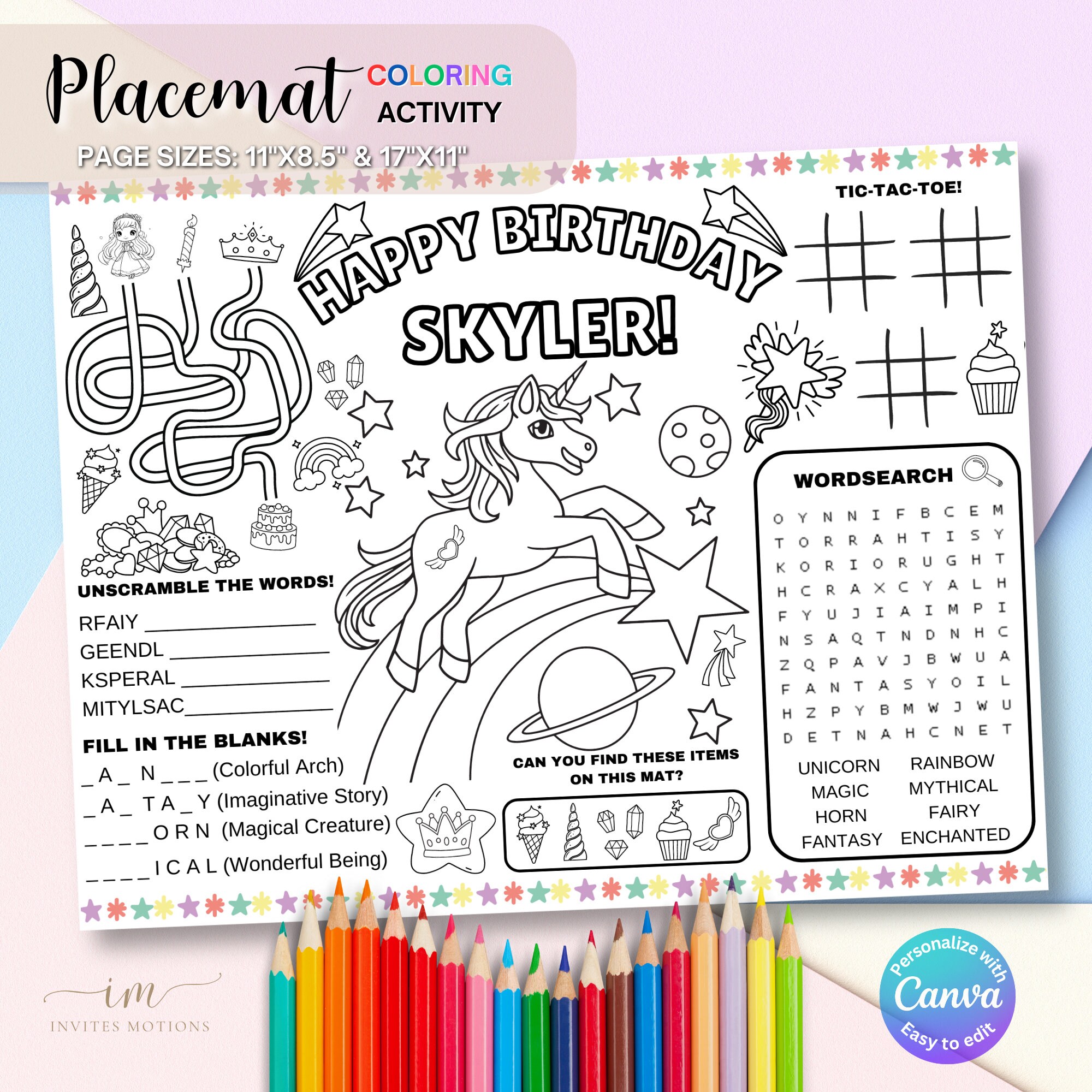 Unicorn Birthday Coloring Placemat Party Games Children Activity ...