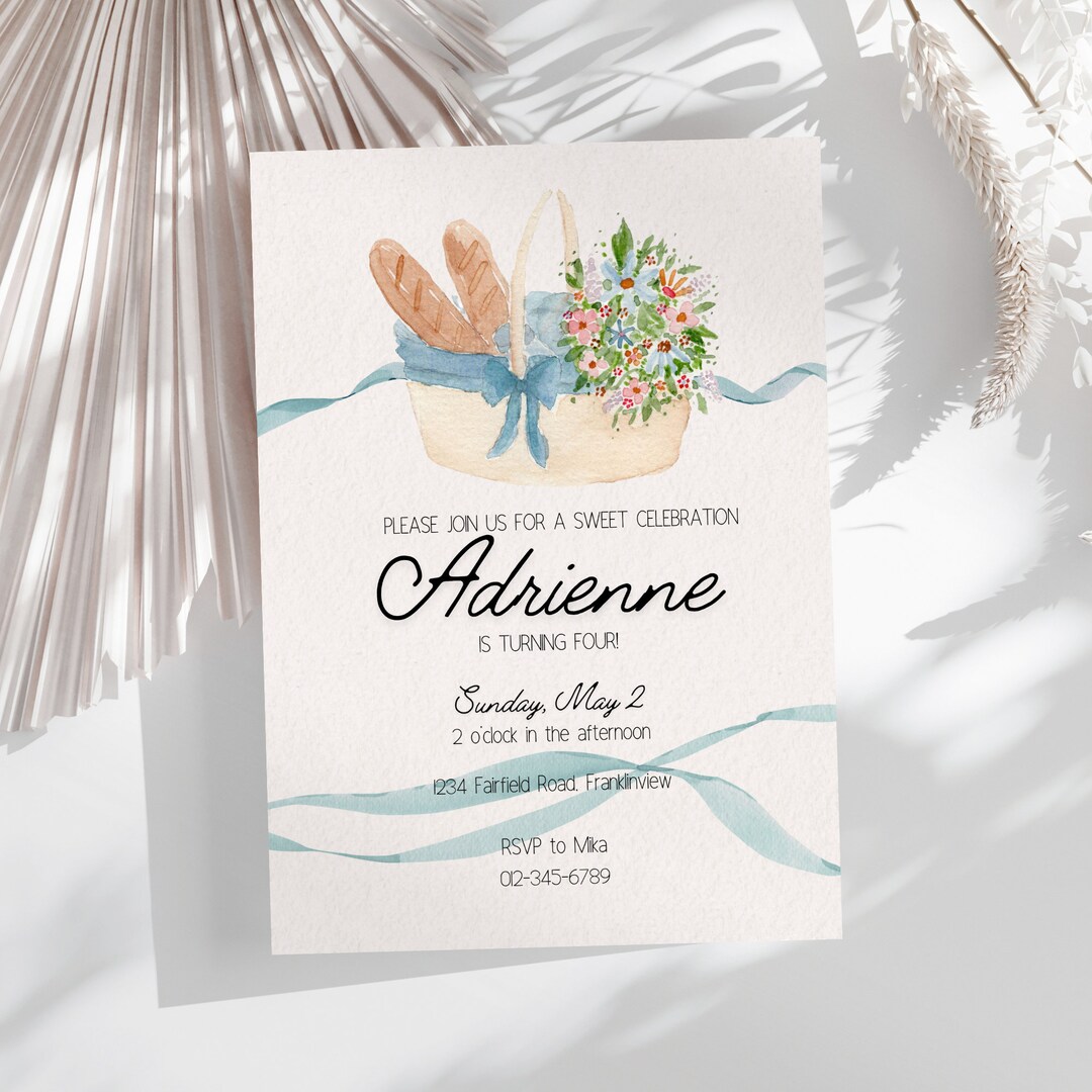 Picnic Birthday Invitation: Basket, Flowers, Blue Ribbon (digital ...