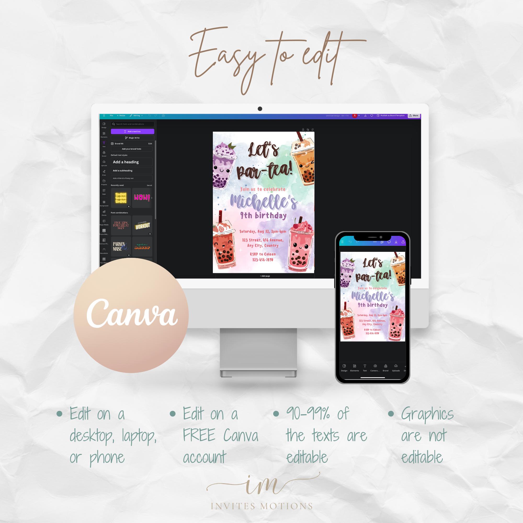 Boba Tea Birthday Party Invitation, Bubble Tea Party, Editable Boba ...