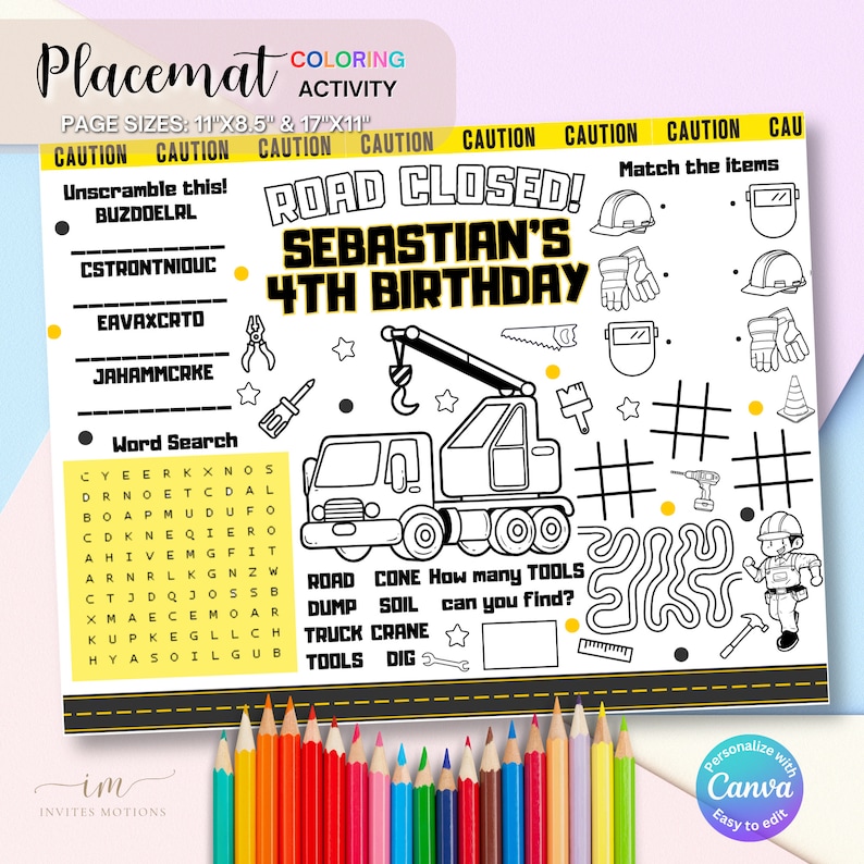 Editable Construction Birthday Coloring Placemat, Excavator Placemats ...