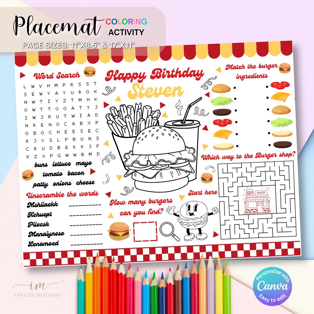 Burger Party Coloring Page Placemat, Burger Party Mat, Editable Burger ...