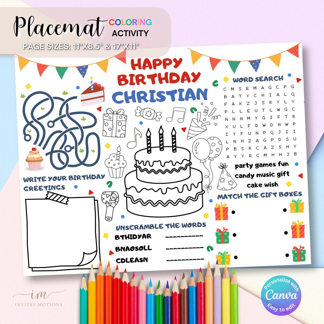 Birthday Party Coloring Page Placemat, Happy Birthday Party Mat ...