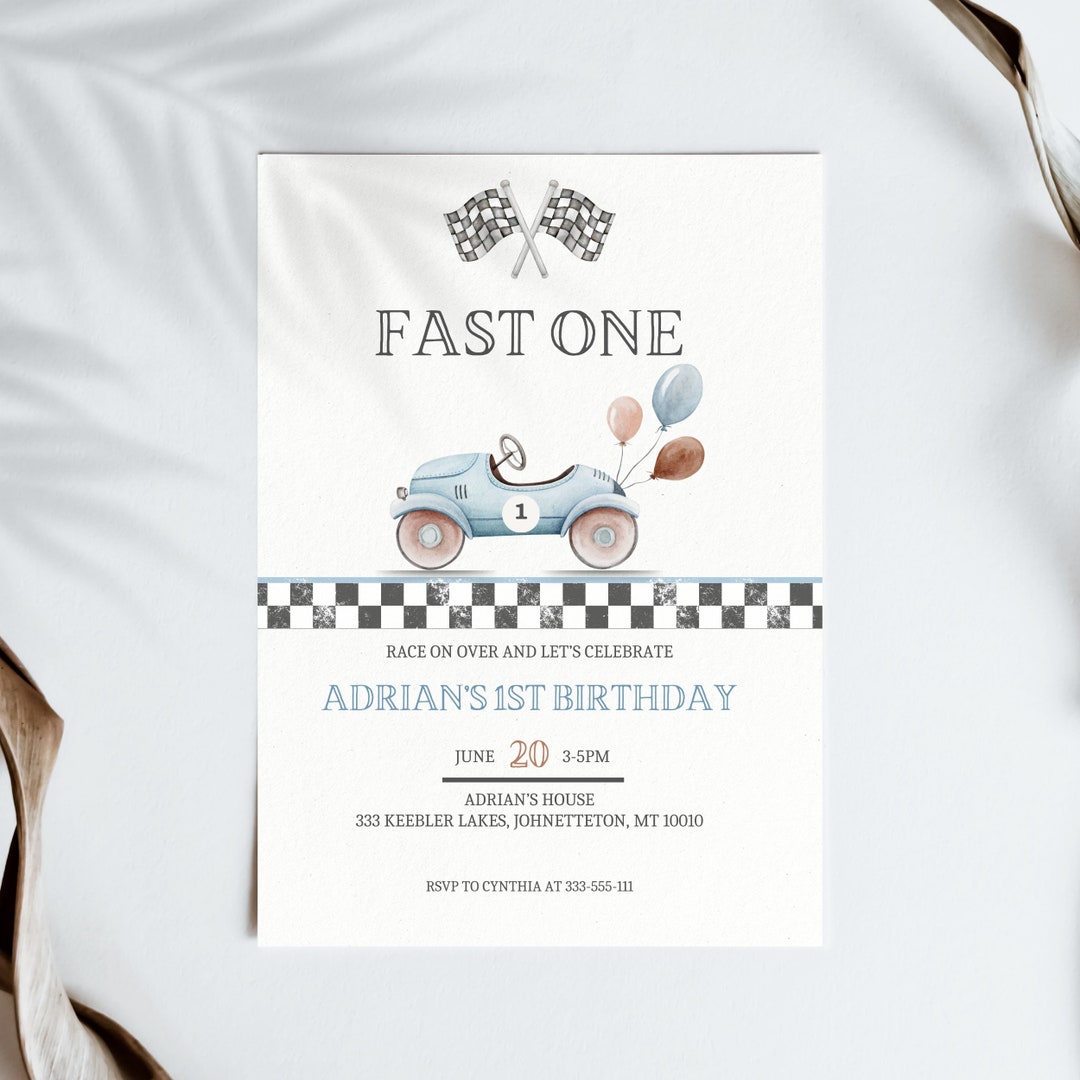Fast One Racing Car First Birthday Invitation for Vintage Race Car 1st ...