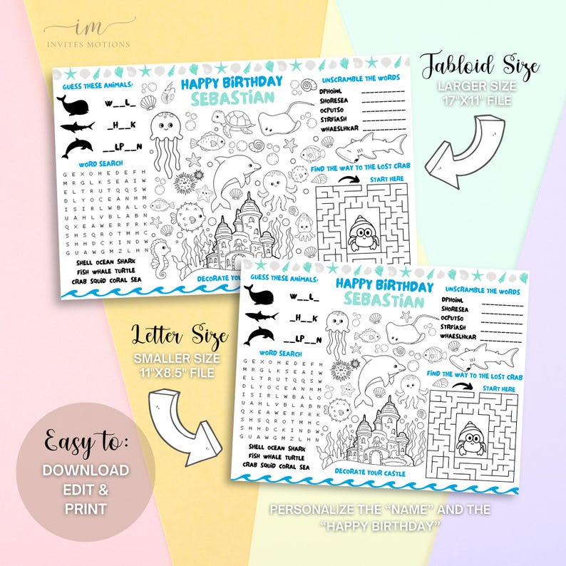 Under the Sea Coloring Page Placemat, Under the Sea Party Mat, Editable ...