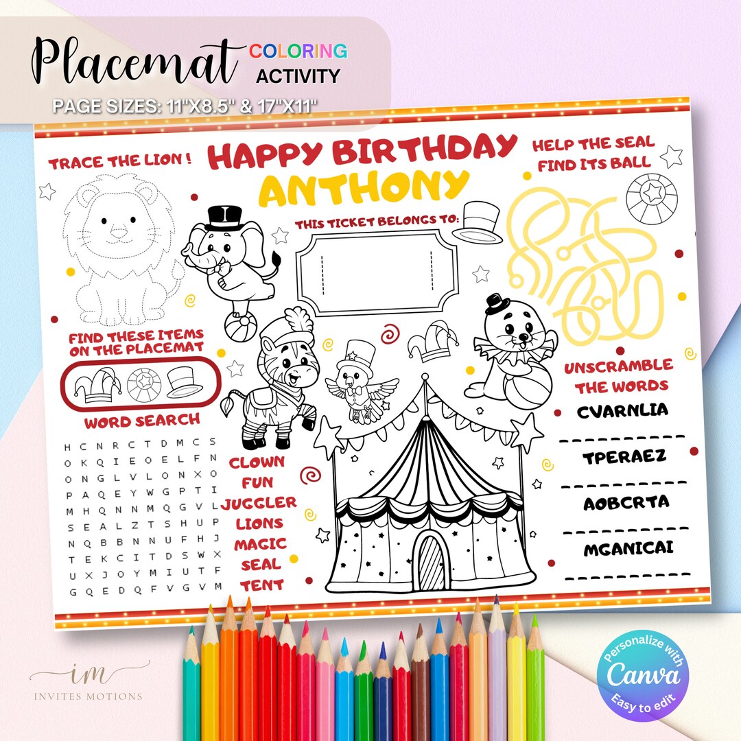 Editable Carnival Birthday Coloring Placemat, Circus Placemats Color ...