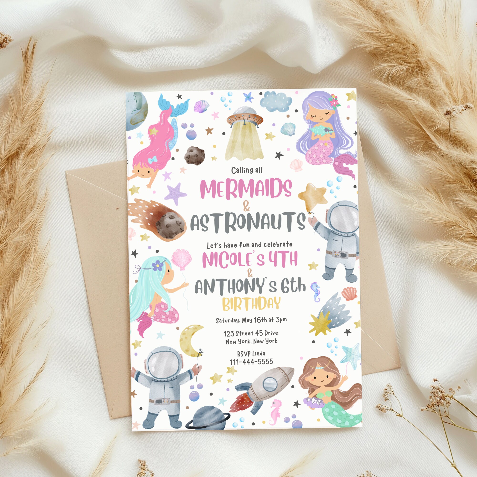 Mermaids and Astronauts Birthday Invitation, Editable Sibling Mermaid ...