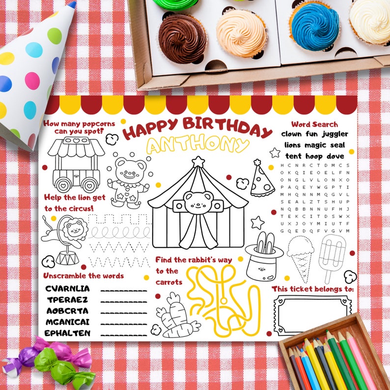 Editable Circus Birthday Coloring Placemat, Carnival Placemats Color ...