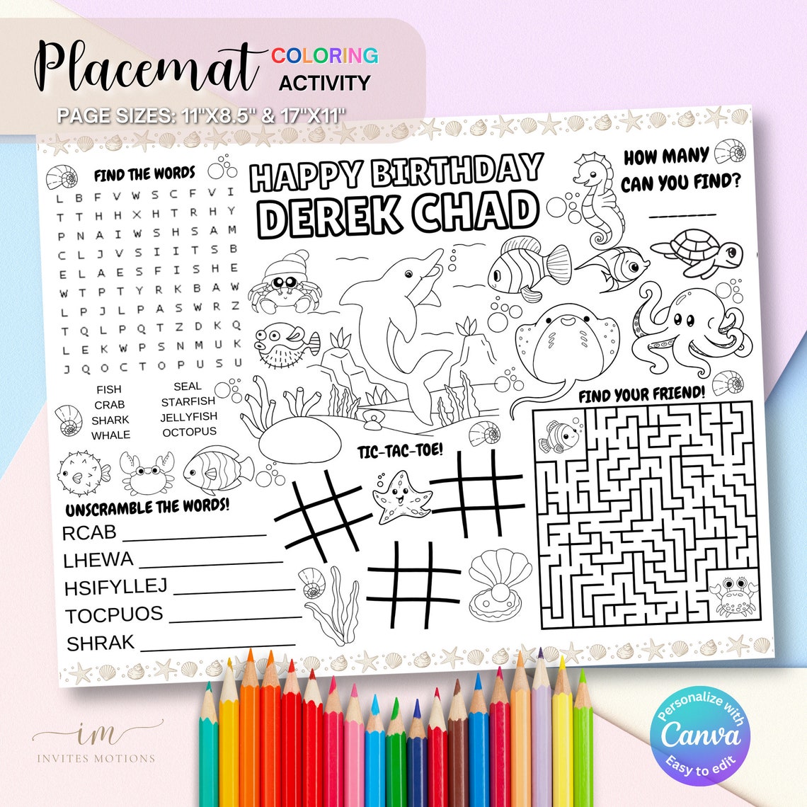 Under the Sea Birthday Coloring Placemat Party Games Children Activity ...