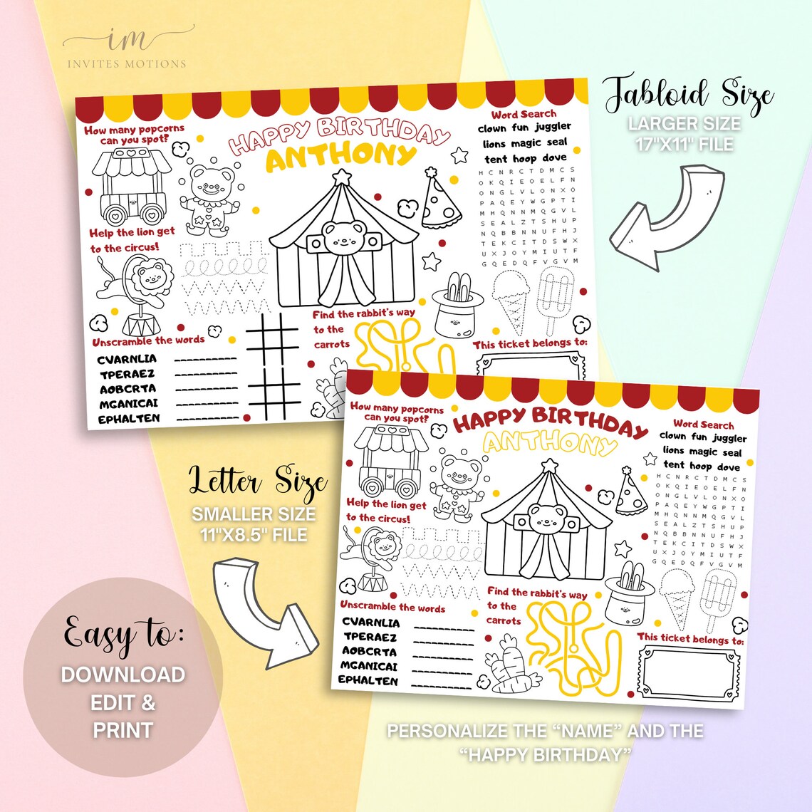 Editable Circus Birthday Coloring Placemat, Carnival Placemats Color ...