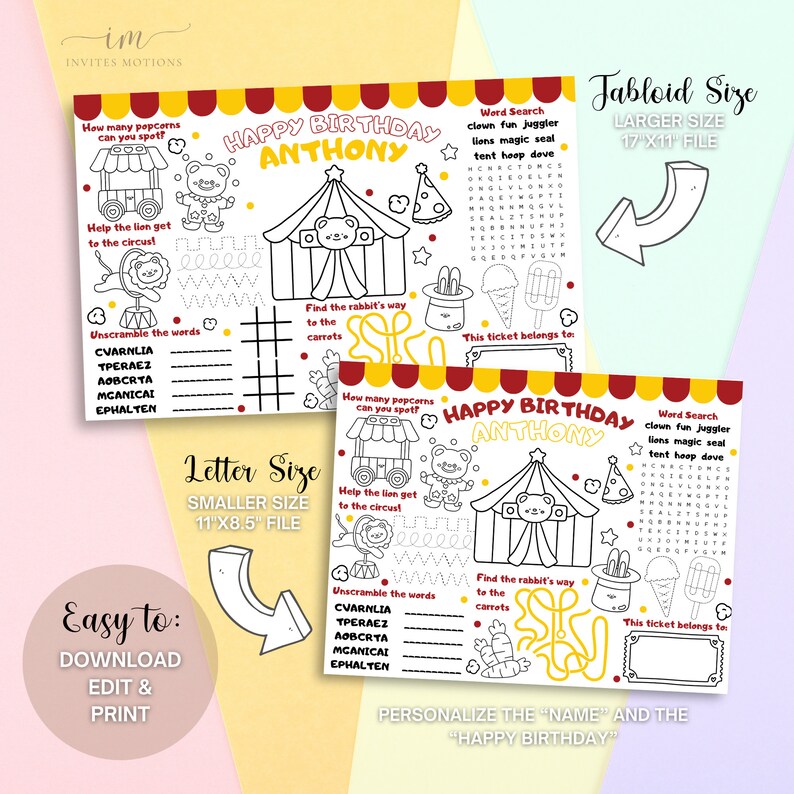 Editable Circus Birthday Coloring Placemat, Carnival Placemats Color ...