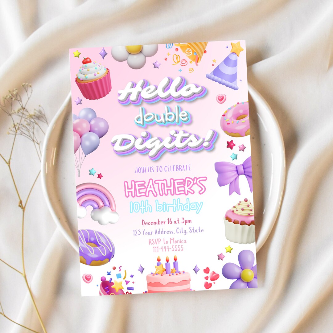 Hello Double Digits 10th Birthday Party Invitation 3D 10th Birthday ...