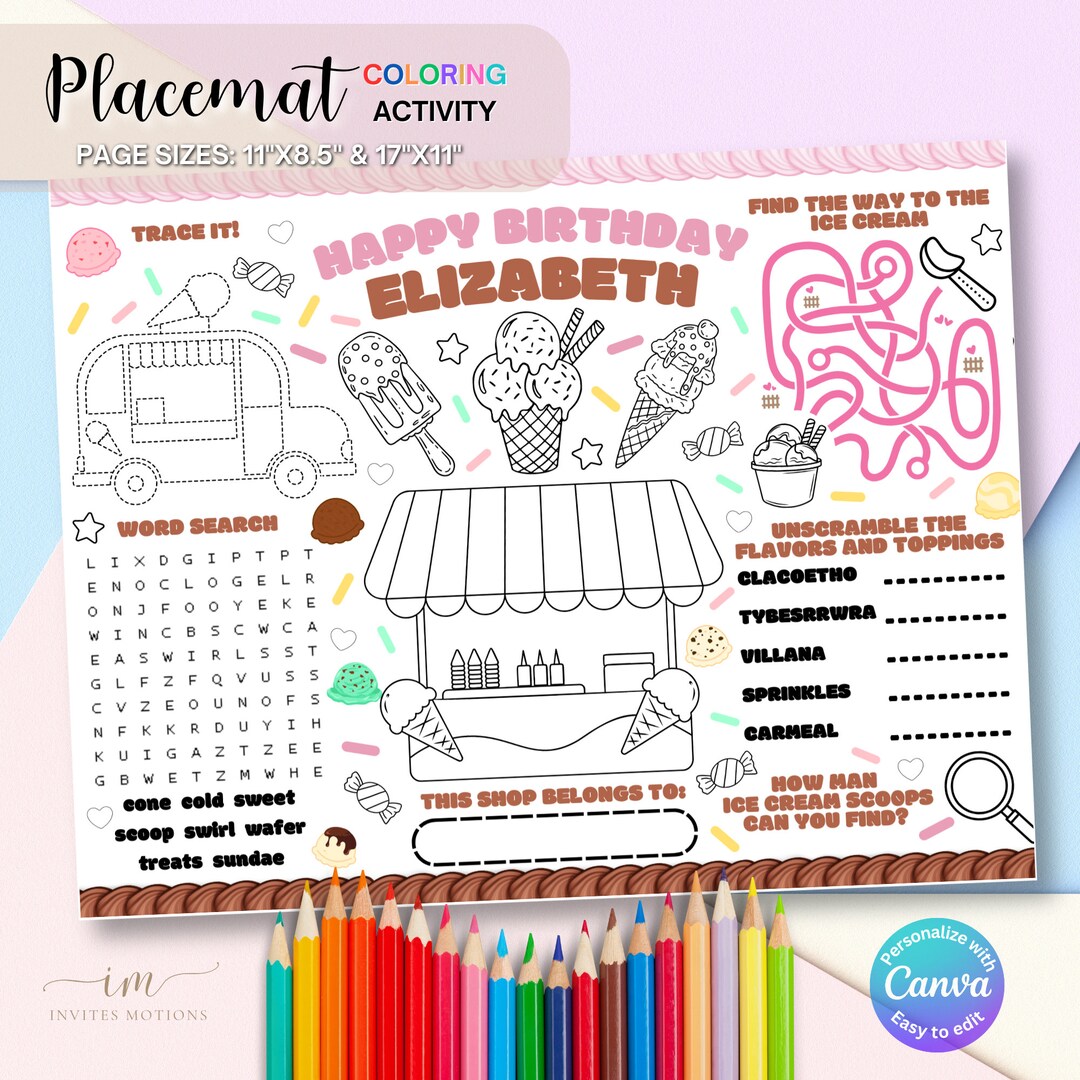 Ice Cream Birthday Coloring Placemat, Ice Cream Stand Party Mat ...