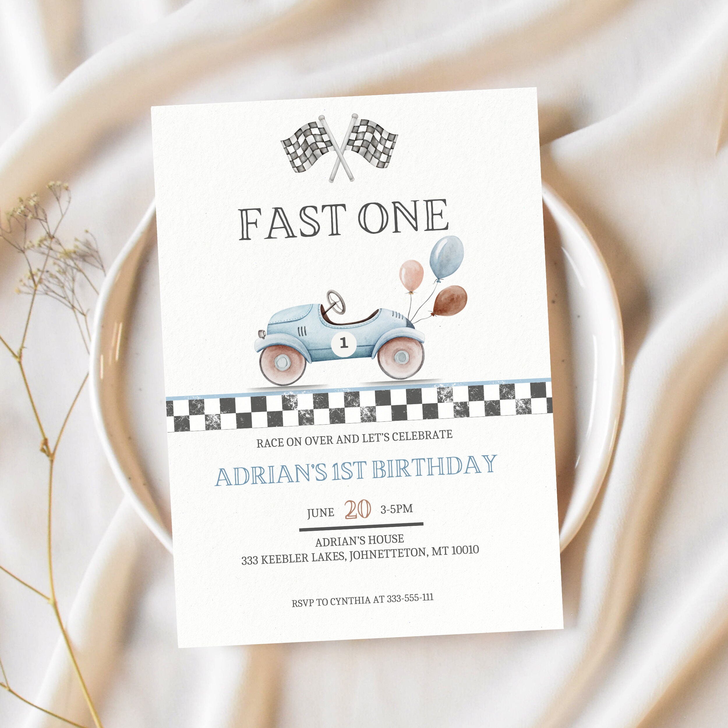 Fast One Racing Car First Birthday Invitation for Vintage Race Car 1st ...