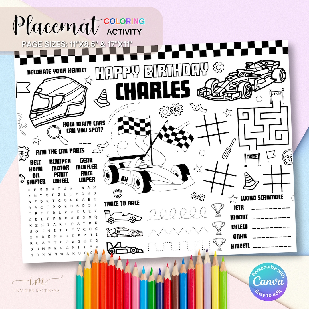 Race Car Birthday Coloring Placemat Party Games Children Activity ...