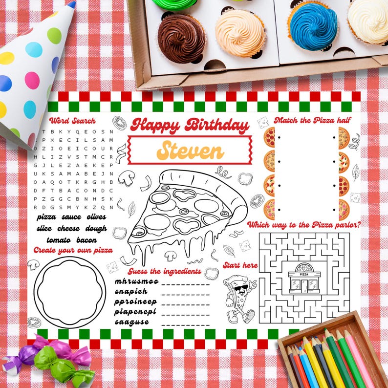Pizza Party Coloring Page Placemat, Pizza Party Mat, Editable Pizza ...