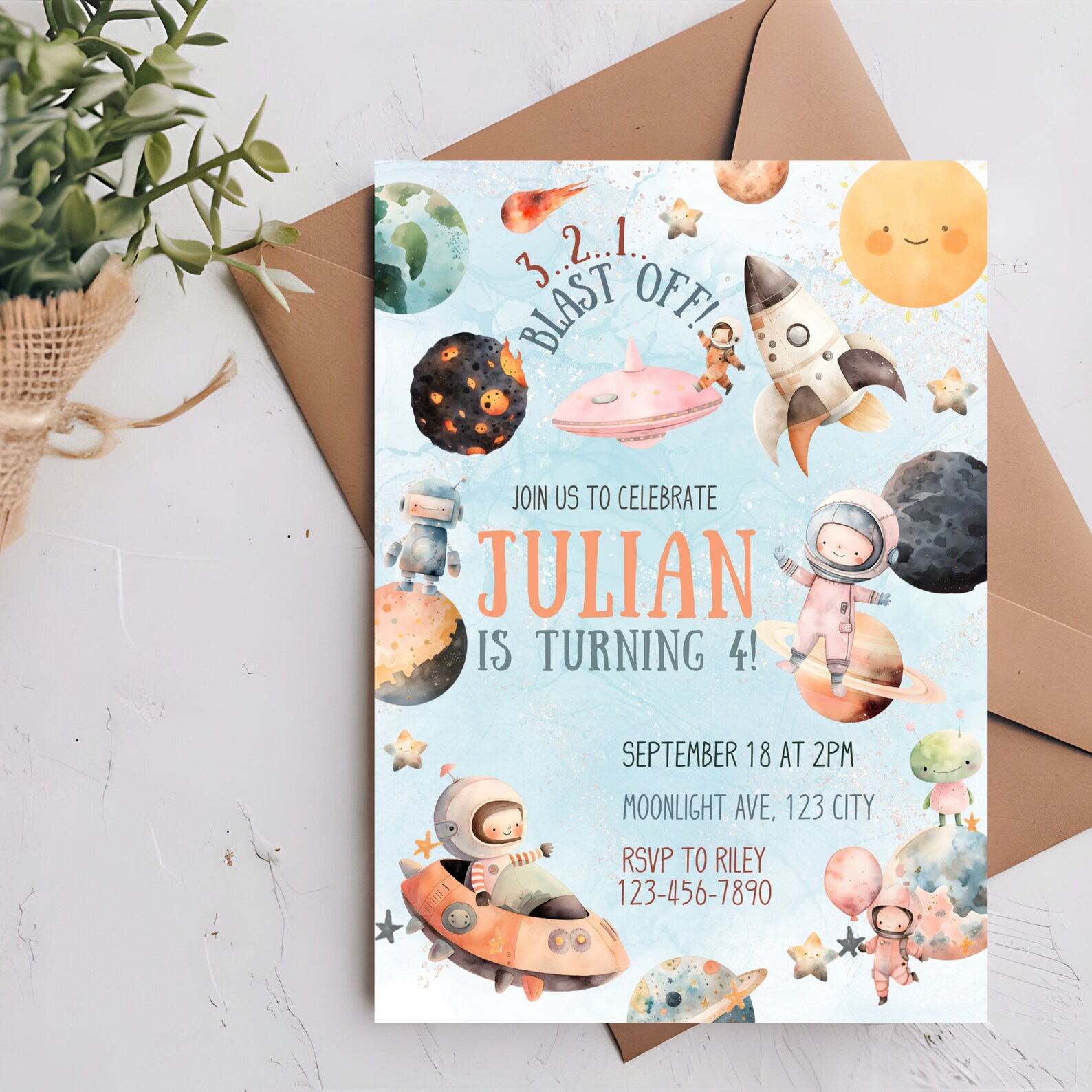 Astronaut Birthday Invitation, Printable Outer Space Party Invite ...
