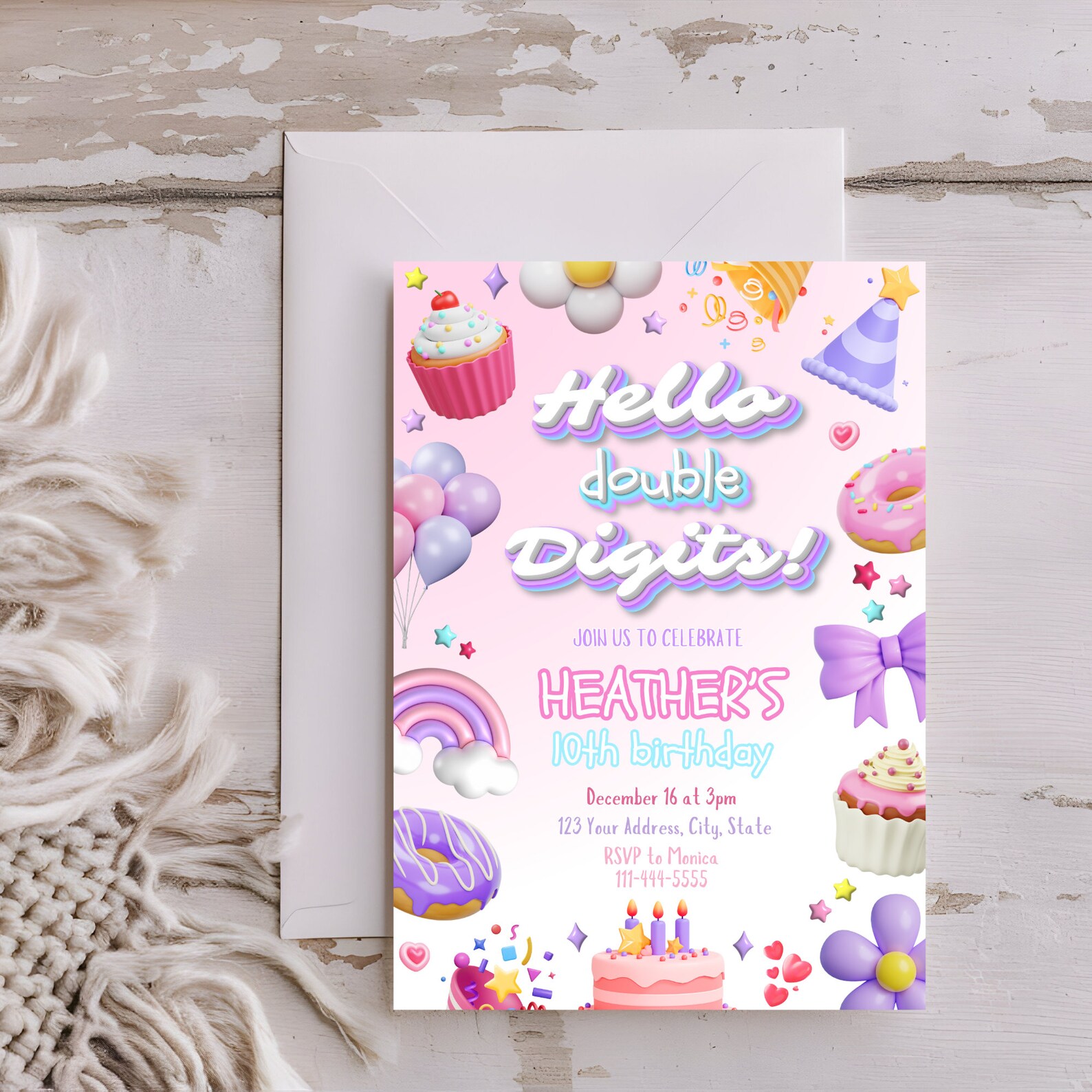 Hello Double Digits 10th Birthday Party Invitation 3D 10th Birthday ...