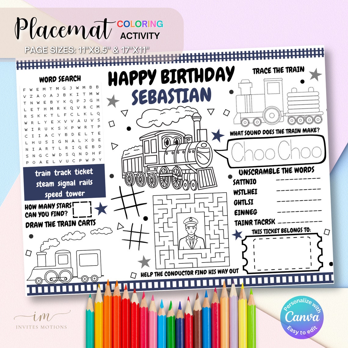 Editable Train Birthday Coloring Placemat, Choo Choo Train Placemats ...