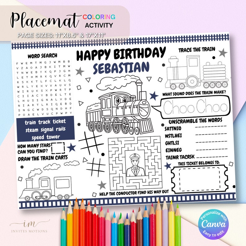 Editable Train Birthday Coloring Placemat, Choo Choo Train Placemats ...
