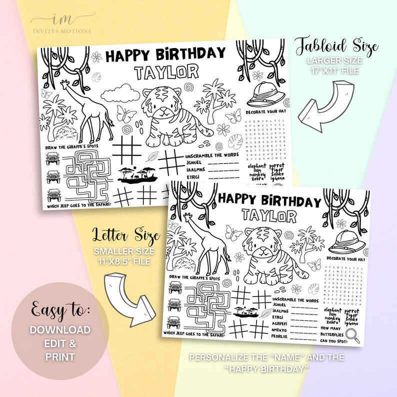 Safari Birthday Coloring Placemat Party Games Children Activity Safari ...
