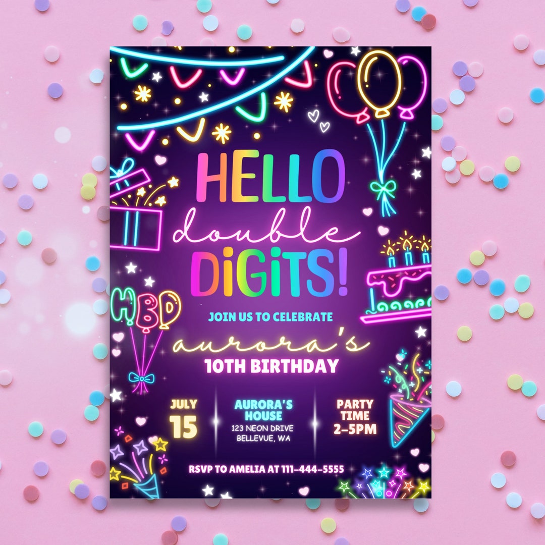 Hello Double Digits 10th Birthday Party Invitation Neon Glow Party ...